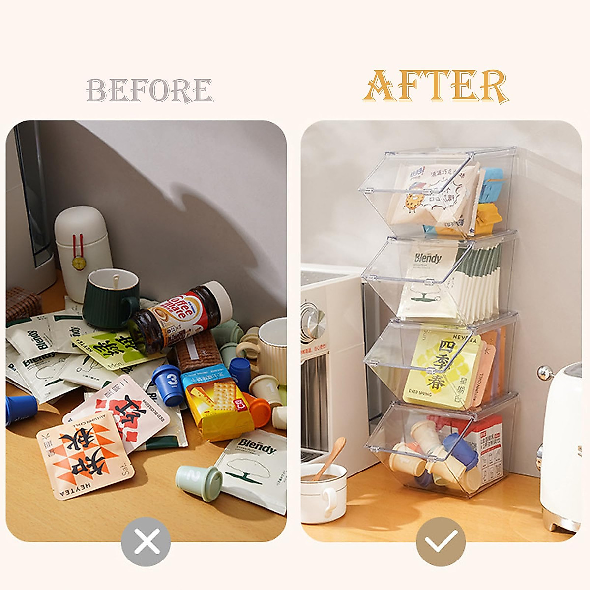 LLGWGL Stackable Tea-Bag Holder - Clear Coffee & Tea Organizer for Counter Tops, Kitchen Cabinets, Pantry, 2 Pack