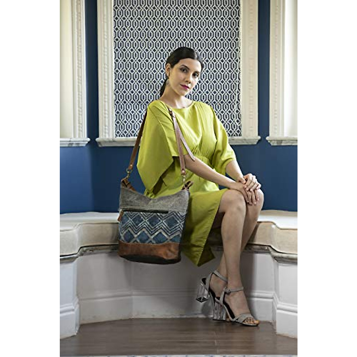 Myra Bag Mid Town Tide Upcycled Canvas & Cowhide Leather Shoulder Bag S-1583