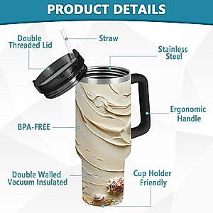 FRCSDIY Beach Shells Insulated Tumbler with Handle and Straw Lid,30oz Leakproof Stainless Steel Cup BPA-Free Water Bottle