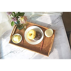 Hand-Woven Rattan Rectangular Serving Tray with Handles for Breakfast, Drinks, Snack for Coffee Table (17x11.4x1.8inches)