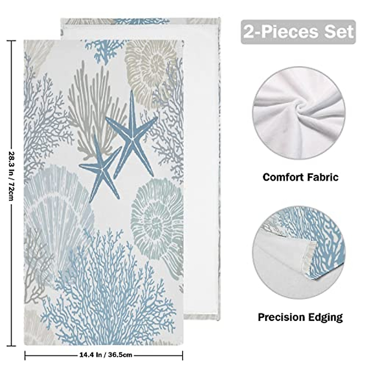 SHUSTARY 2 Pack Beach Theme Hand Towels for Bathroom,Coastal Blue Grey Starfish Seashell Coral Ocean Marine Soft Absorbent Kitchen Towels Decorative Hand Bath Towels for Shower,Face,Gym,Spa 14"x28"