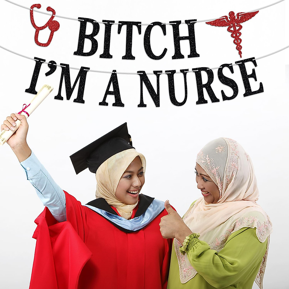 I'm a Nurse Banner - Congrats Nurse Grad/Nailed It/RN/BSN/NP- Nursing School Graduation Party Decorations Supplies, Black and Red Glitter
