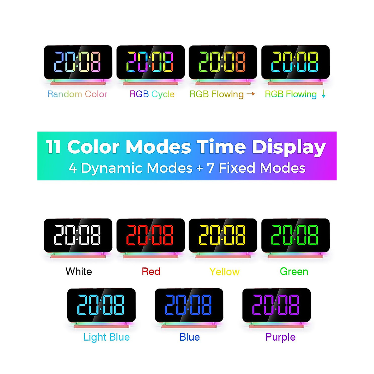 SZELAM Alarm Clock for Bedroom,7.4" Mirror Digital Clocks Large Display,with RGB Night Light, USB C Charger Port,Auto Dimming,LED Desk Clock for Kid Teen Girl Adults Room - Pink