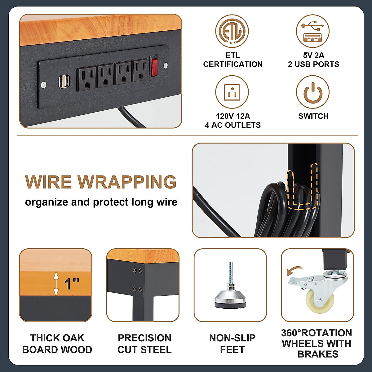 HABUTWAY Height Adjustable Workbench with Wheels 48" x 24" 2000 Lbs Capacity Oak Wood Work Station Heavy-Duty Rolling Work Tables for Garage Party Shop Office