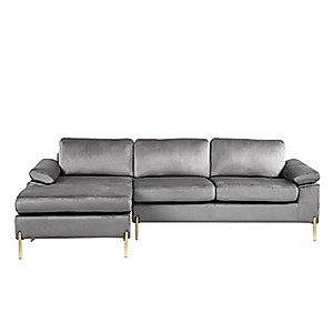 Prohon L-Shaped Sectional Sofa with Velvet Chaise & Gold Metal Legs, Mid-Century Style Modular Couch w/Removable Pillow Arms and Back for Living Room, Bedroom, Office, Gray