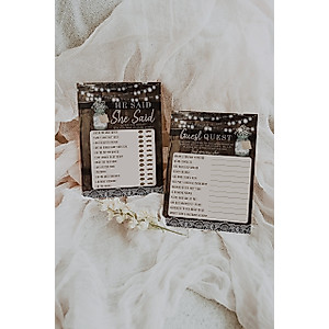 Your Main Event Prints Bridal Shower Bachelorette Games, Rustic Wood Barrel Mason Jar, He Said She Said, Find The Guest Quest, Would She Rather, Phone Game, 25 games each