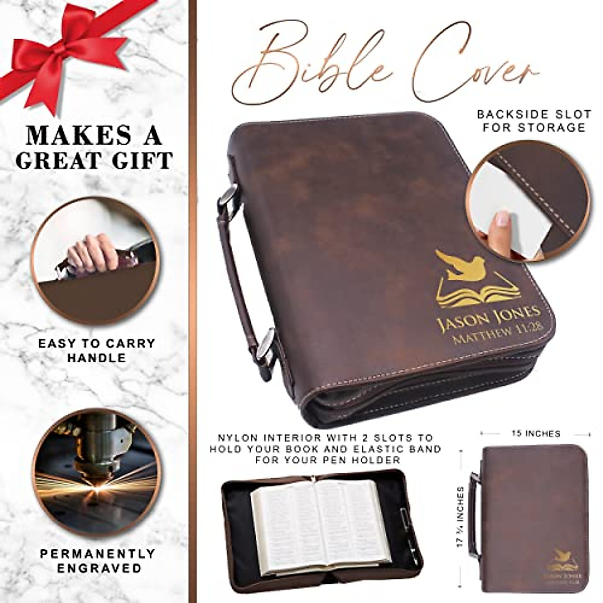 Custom Engraved Bible Cover Case - Personalized Bible Holder Monogrammed for Church, Christians, Religious Gift (Rawhide with Gold)