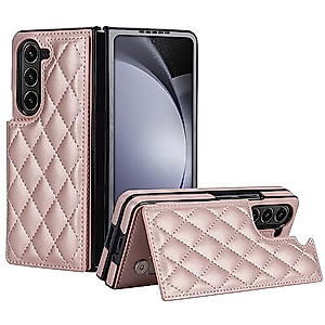Ephoou Flip Wallet Case Compatible with Samsung Galaxy Z Fold 5 for Women, Luxury PU Leather Shockproof Cover Case with Card Holder (Kickstand Function) for Samsung Galaxy Z Fold5 SKG-Rose Gold