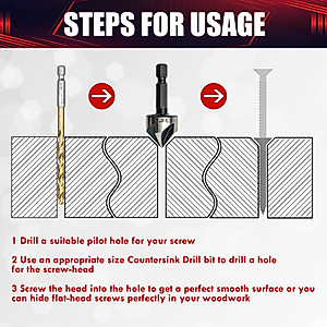 wesleydrill 5 pcs Countersink Drill Bit Set，82 Degree Counter Sink， Fit for Sink Holes into Most Machinable Metals, Plywood, Softwood, Hardwood, Fiberglass Plastic, Mild Steel