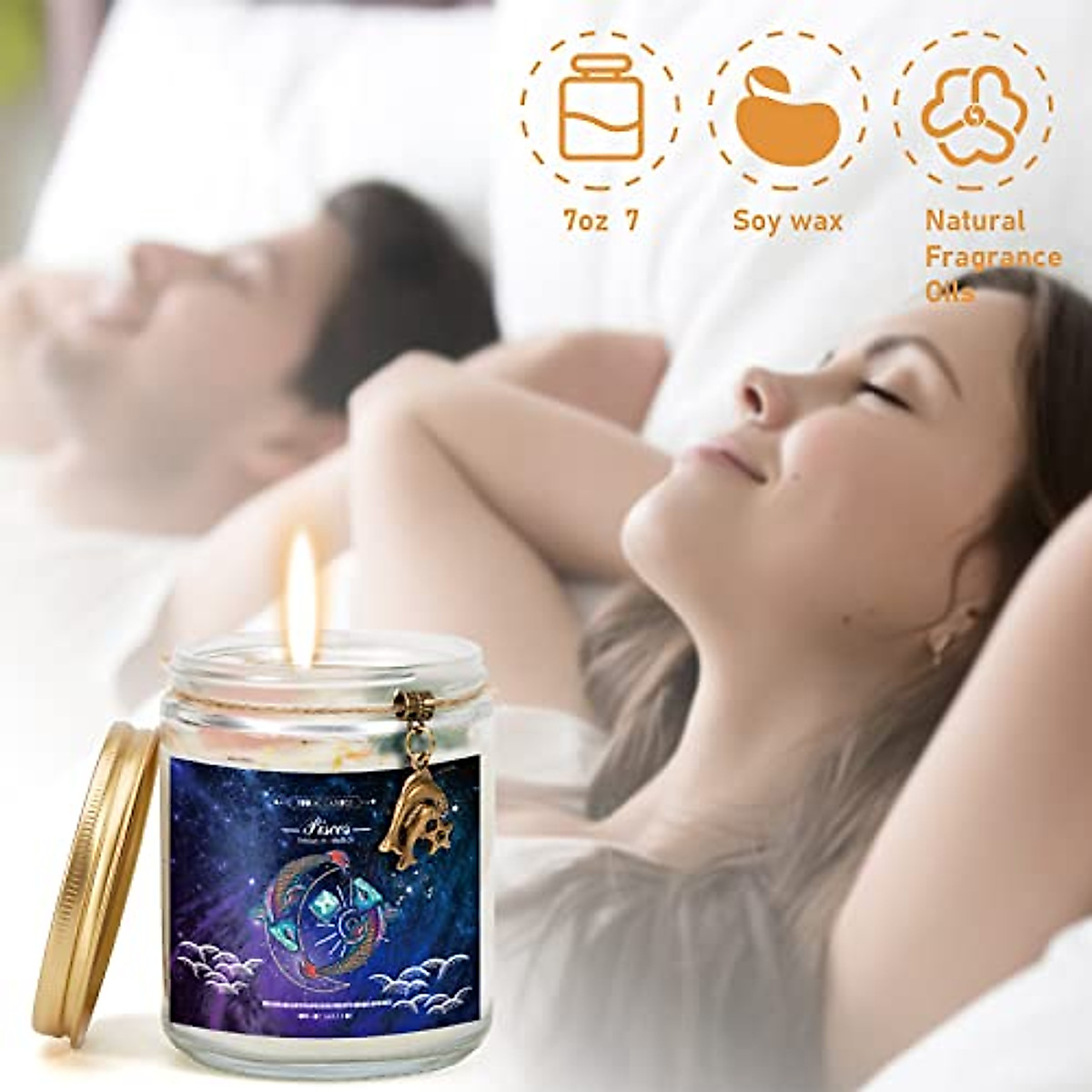 Zodiac Candles - Pisces Candle, Astrology Gifts for Women, Crystal Candles Gifts,Zodiac Gifts,February-March Birthday Gifts, Pisces Gifts,Horoscope Scented Candles with Crystals Inside-7oz…