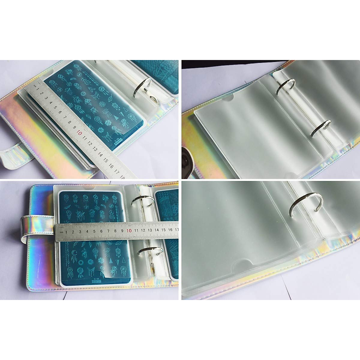20 Slots Silver Laser Nail Art Stamp Plate Holder Stamping Plates Storage Bag Cases Rainbow Practical Empty Rectangle Plates Big Size 14.5×9.5cm Organizers