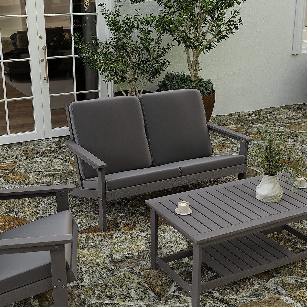 Merrick Lane Riviera Adirondack Style Deep Seat Patio Loveseat with Cushions - Gray Poly Resin Frame - Gray All-Weather Cushions - Indoor/Outdoor