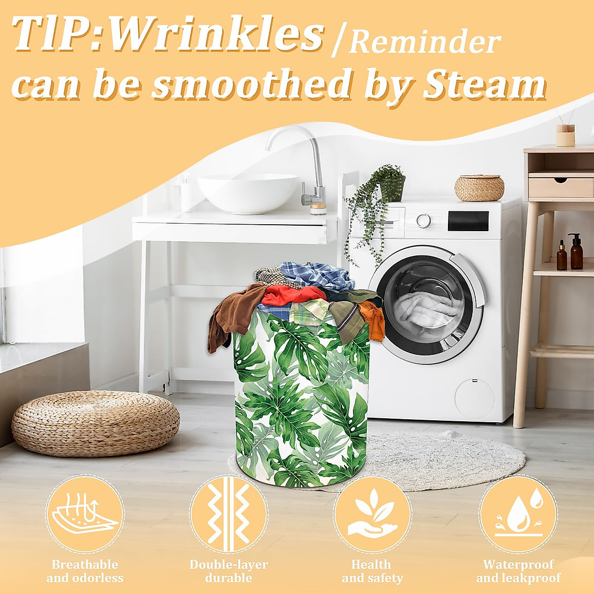 Palm Leaves Laundry Basket, Foldable Waterproof Oxford Cloth Floral Laundry Hamper Funny Tote Bag Dirty Clothes Storage Bucket Toy Organizer for Bathroom/Laundry/Bedroom 15.7"x19.6"