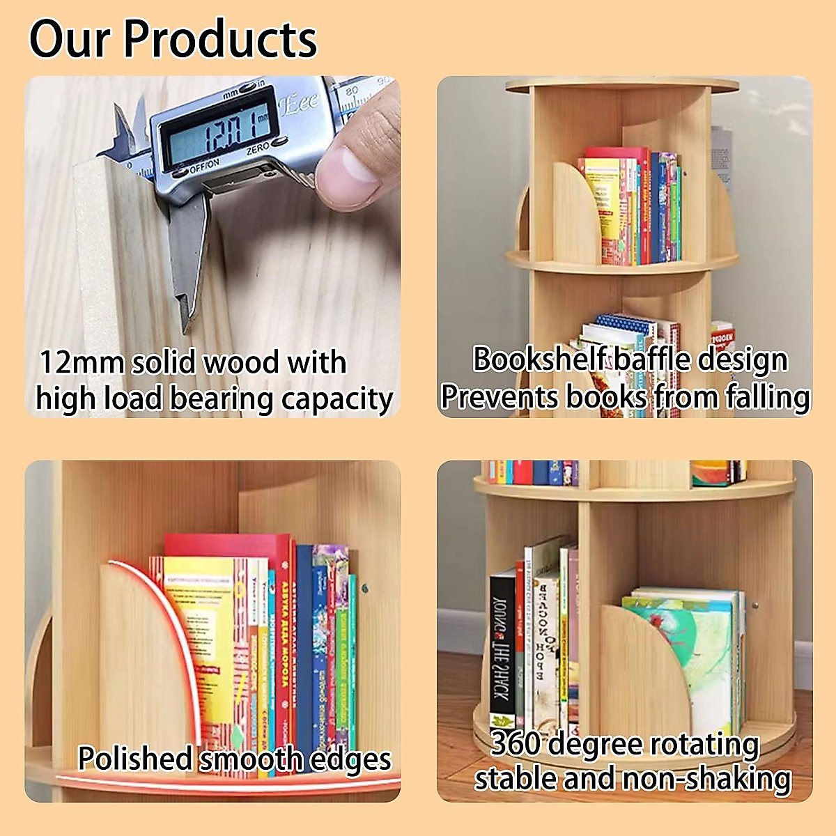 Feuusec Solid Wood Rotating Bookshelf Tower, 5 Tier 360° Display, Stackable Spinning Bookshelf for Kids & Adults, Corner Bookshelf for Small Space, Narrow Book Shelf Organizer