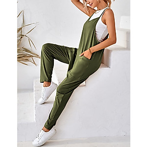 Wyeysyt Womens Casual Jumpsuits Sleeveless Loose Adjustable Strap Overalls Wide Leg Baggy Bibs Romper Pants with Pockets(ArmyGreen-M)