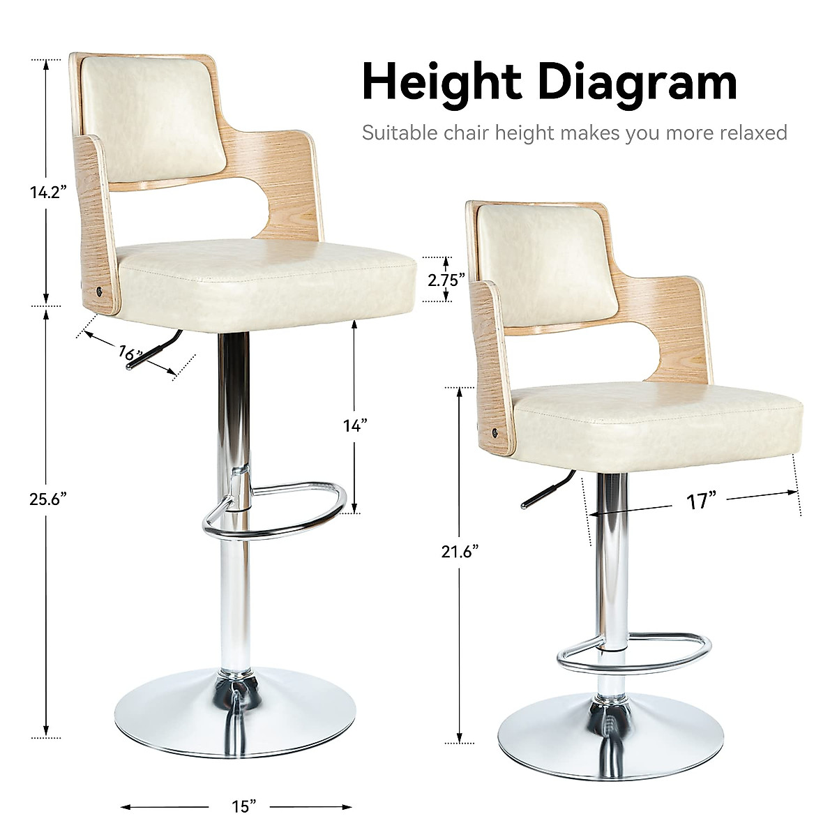 Miereirl Bar Stools Set of 2 Morden Height Counter Bar Stools with Wood Back Thickened Seat Swivel Adjustable Stool Chair for Home Kitchen Island Beige