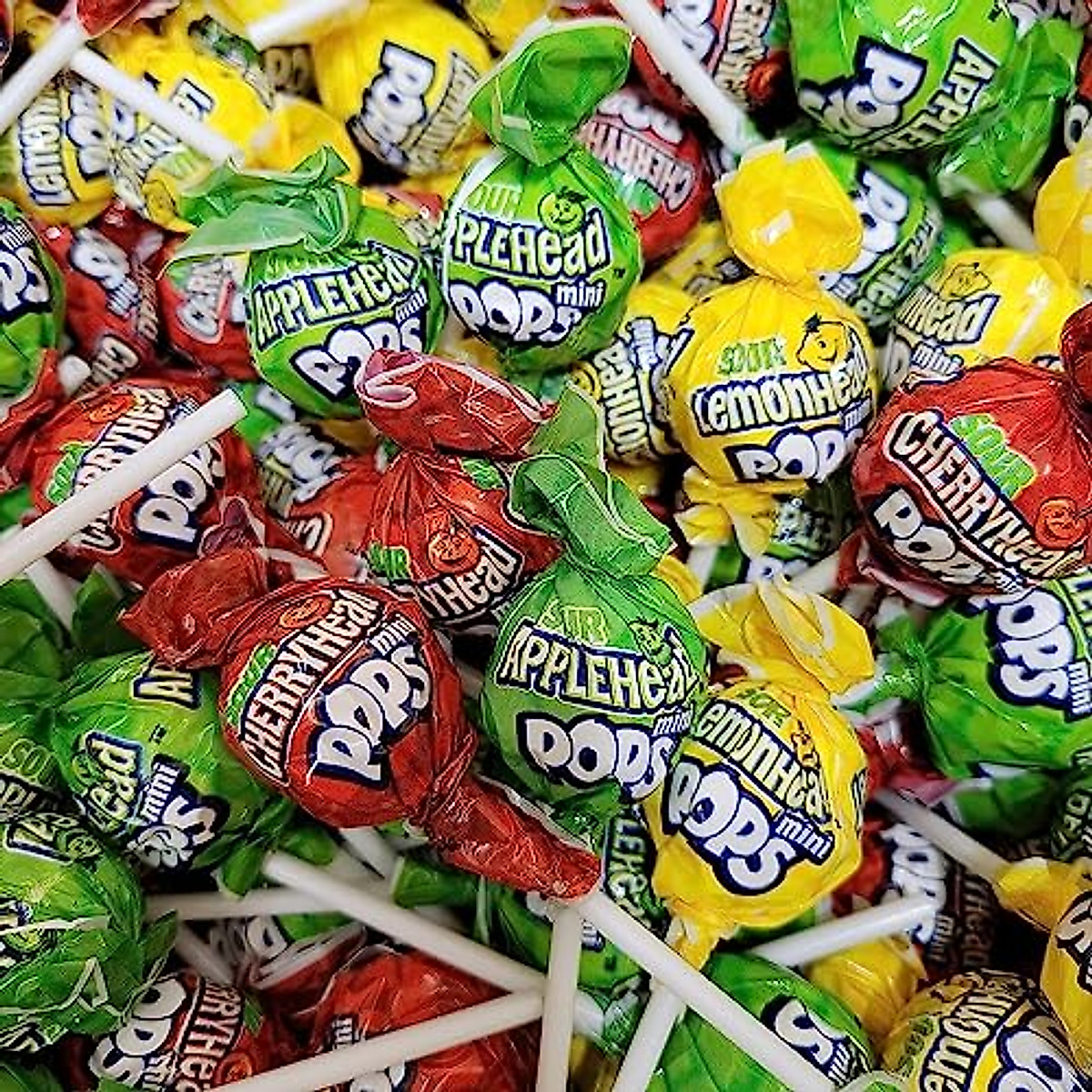 Ferrara Lemonhead and Friends Mini Sour Lollipops - Bulk Lemonhead, Applehead, Cherryhead Assorted Lollipops Individually Wrapped - Bulk Pack - 2 Pound