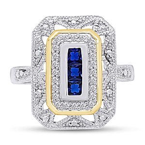 14K White Gold Over Sterling Silver Simulated Blue Sapphire & Diamond Accent Art Deco-Style Ring (1/10 cttw, I-J Color, I3 Clarity) Ring Size-4
