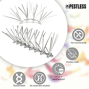Pestless Upgraded Bird Spikes 10 Pack - 12-Inch Deterrent, 5 Spikes, Wide Coverage, Adjustable Strip Length - Stainless Steel Repeller Against Pigeons, Squirrels, Animals - Easy Mounting
