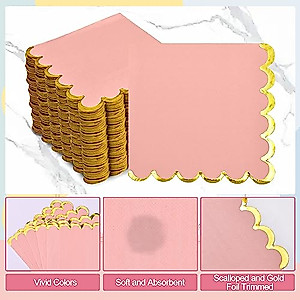 200 Pack Pink Paper Napkins Gold Foil Scalloped Cocktail Napkins Pink Disposable Beverage Napkins for Pink Themed Party Supplies Birthday Baby Shower Wedding Dinnerware Tableware Decorations