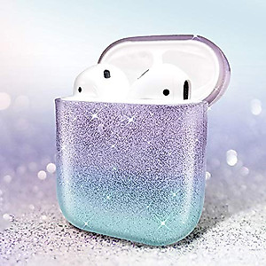 NZND Case Compatiable with Apple AirPods 1/2, Crystal Glitter Sparkle Bling, 360° Protective Cute Cover Carrying Case Girls Women with Rose Gold Keychain -Purple/Aqua