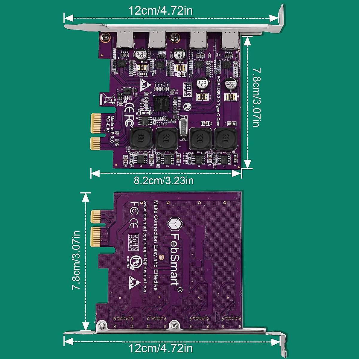 FebSmart 4X 5Gbps USB-C Ports PCI Express USB 3.0 Expansion Card for Windows 11, 10, 8.x, 7, Vista, XP Desktop PCs, Built in Self-Powered Technology, No Need Additional Power Supply (FS-U304C-Pro)