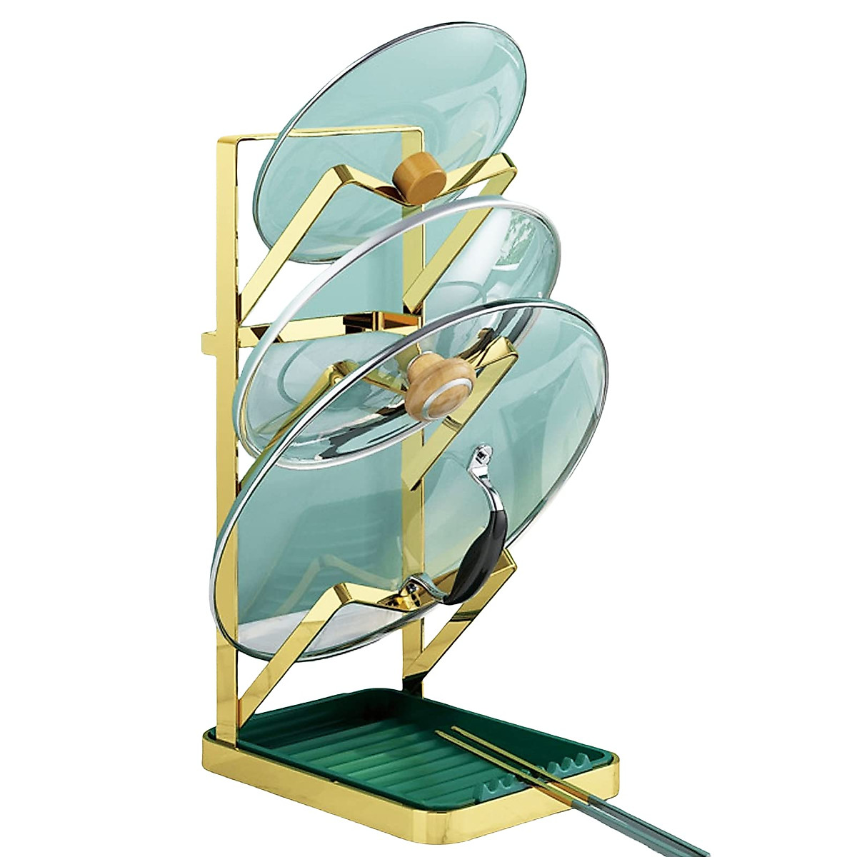 Pot Lid Holders 3 Layer With Removable Drain Tray Lid Stand Rack for Kitchen Cooking Pot Lid Organizer Spoon Rest Holder Cutting Boards Gold Rack