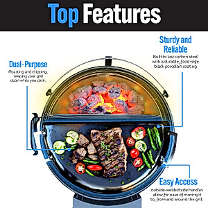 SnS Grills Slow ‘N Sear Porcelain Drip 'n Roast Pan for Kettle Grilling, All-in-One Carbon Steel with Black Porcelain Coating Drip and Roast Accessory - 22” Grill Fit