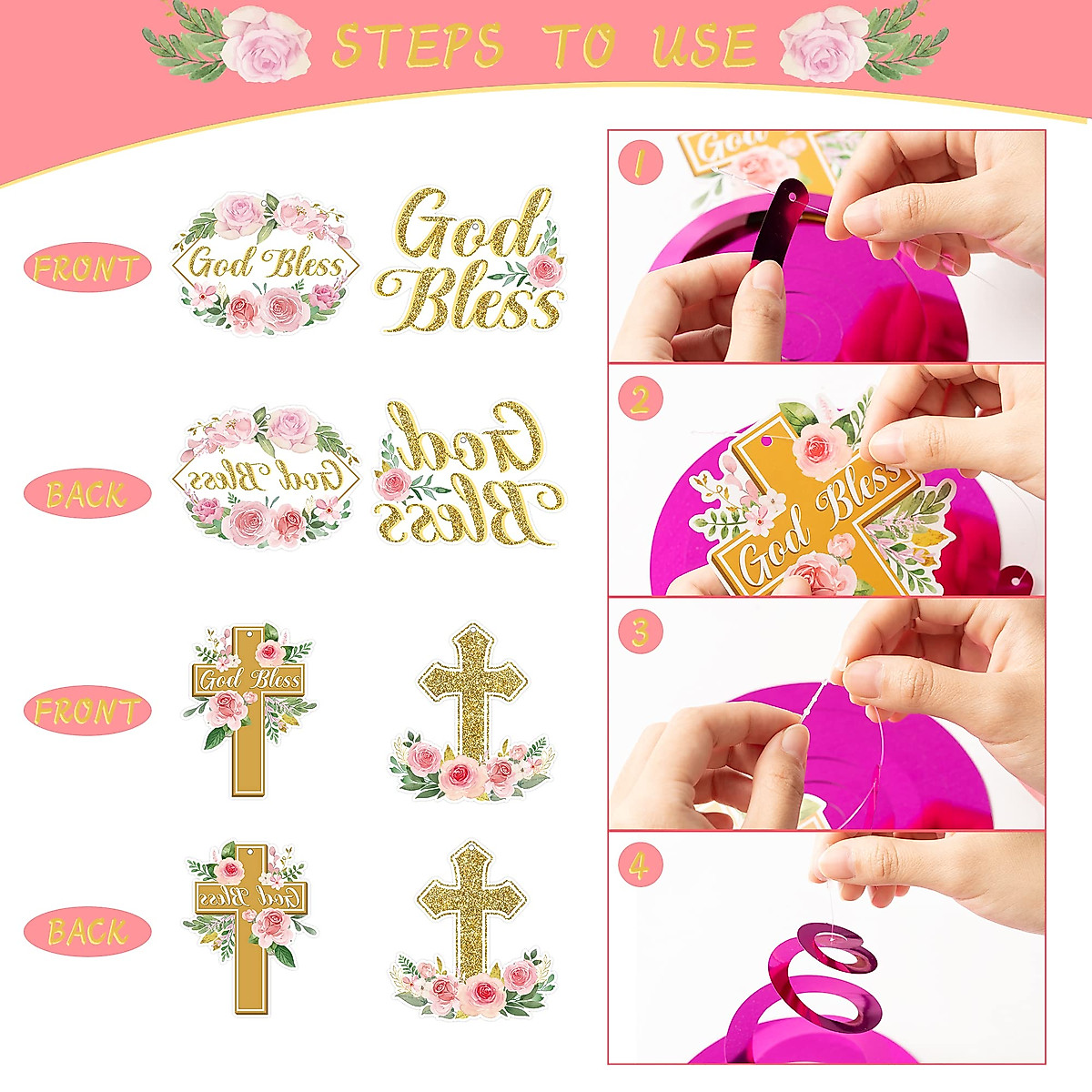 ANGOLIO 30Pcs Pink Floral Cross Hanging Swirls Decorations, Religious Baby Shower Themed Decoration Ceiling Hanging Decor, First Holy Communion Ceremony Party Swirl Hanging Ornaments