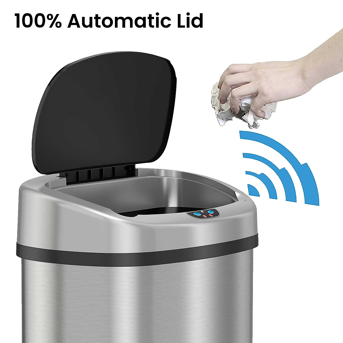 SensorCan 13 Gallon Touchless Sensor Odor Control System, Stainless Steel Oval Shape Automatic Garbage Bin, Base Model Trash Can