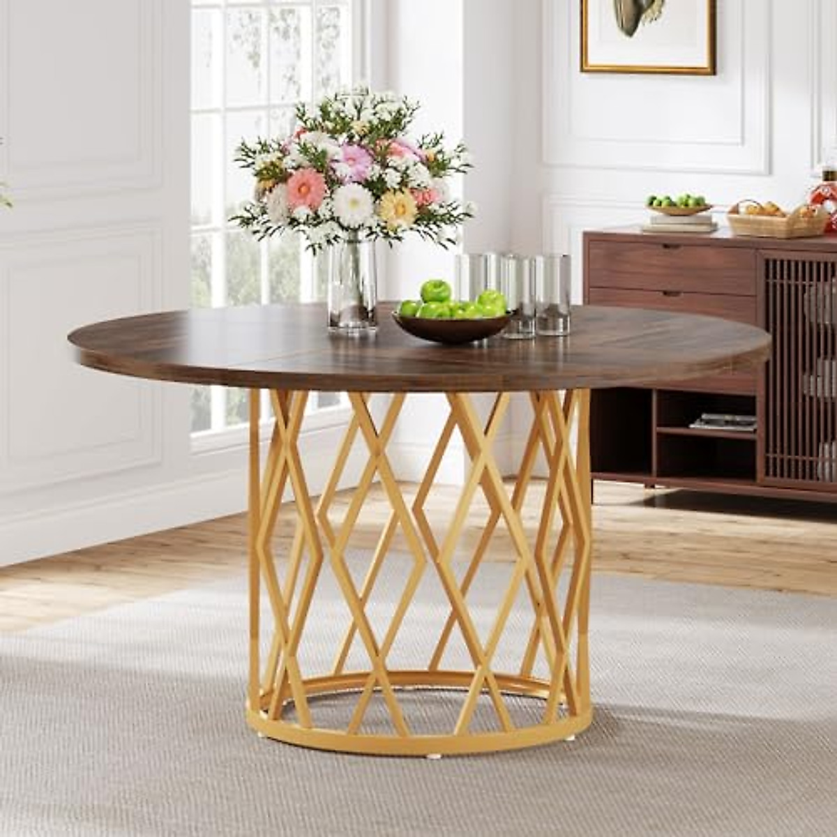 Tribesigns Round Dining Table for 4 People, Circle Dining Room Table with Metal Base, 47.2 Inch Round Kitchen Dinner Table for Living Room Kitchen Dining Room (Gold and Brown)