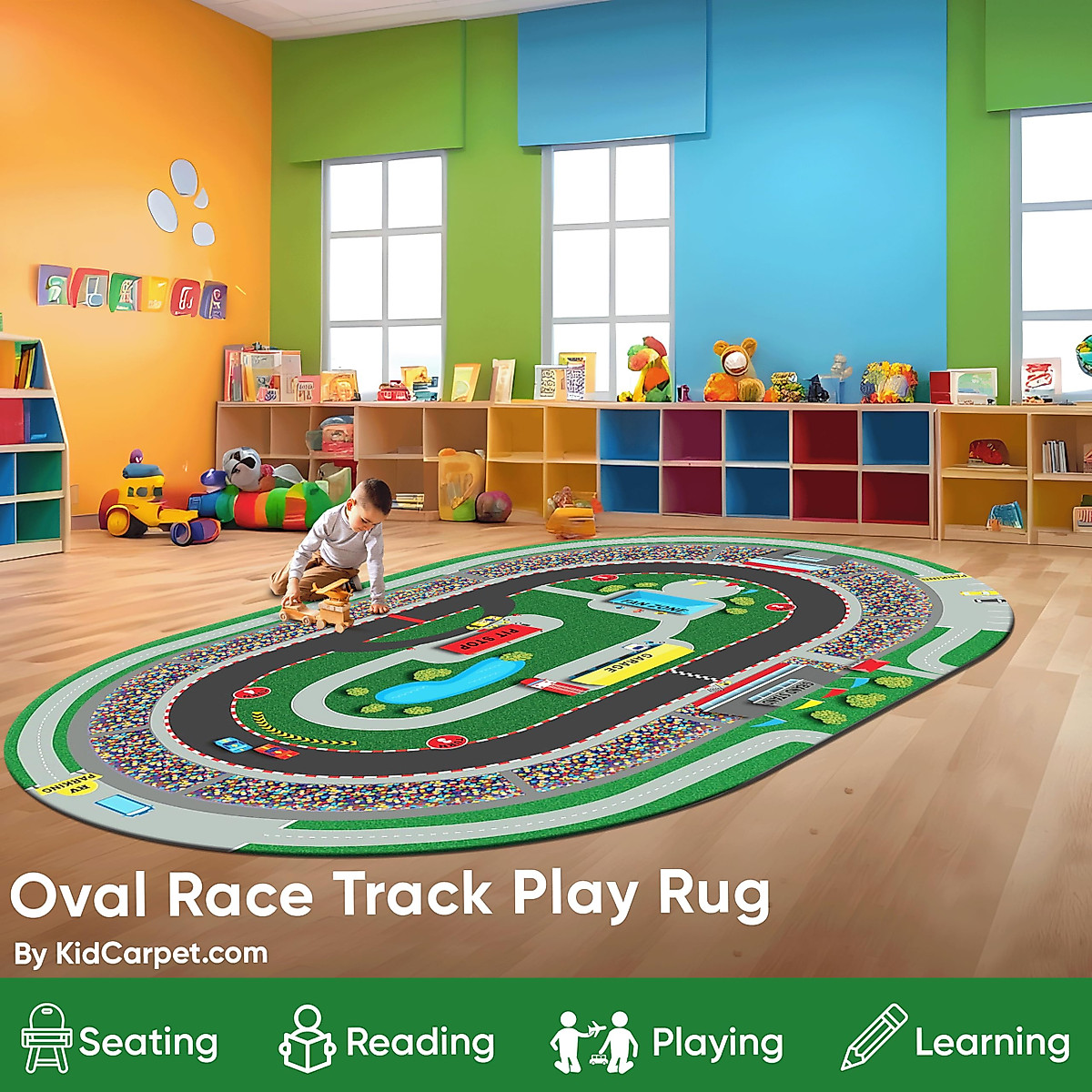KidCarpet.com Race Car Rug, 4' x 6' Oval Race Track Play Rug | Educational Learning Rug for Children's Classroom | Area Rug for Kids Playroom or Bedroom