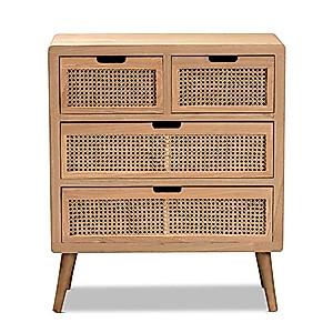 Baxton Studio Alina Medium Oak Finished Wood and Rattan 4-Drawer Accent Chest