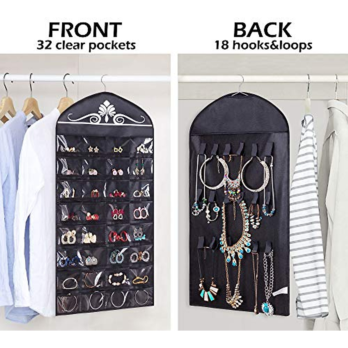 Misslo Jewelry Hanging Non-Woven Organizer Holder 32 Pockets 18 Hook and Loops - Black