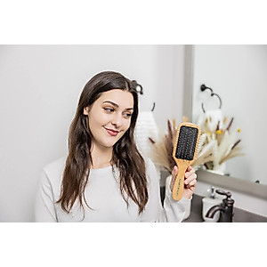 GranNaturals Metal Pin Bristle Hair Brush - Detangling, Anti-Static Paddle Grooming Tool - Rounded Steel Bristles, Ergonomic Wooden Handle - Scalp Massaging Comb - For Normal, Curly, Thick Hair, Wigs