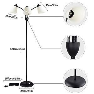 DINGLILIGHTING DLLT Modern Reading Floor Lamp, 3-Light with Adjustable Flexible Gooseneck Tree Standing Lamp for Living Room, Bedroom, Study Room, Office -Black Metal White Shades, E26 Base, UL