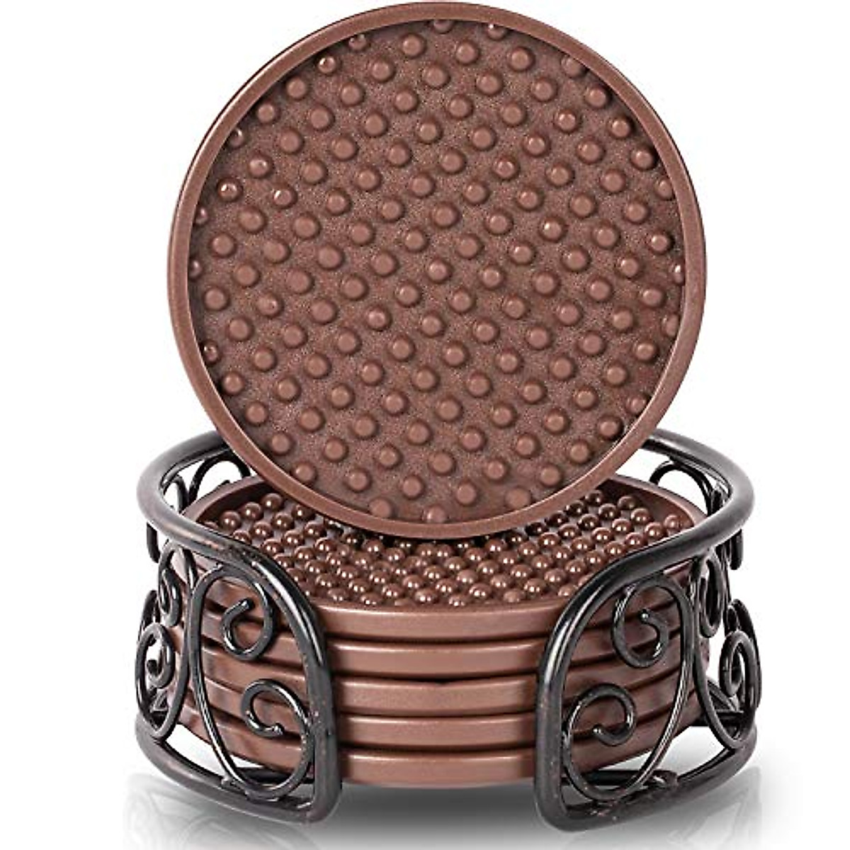 Drink Coasters Set of 6 Packs with Holder - Round Black BPA Free Silicone with Metal Iron Coaster Case Non-Slip Bottom Fits Any Size Cup Mug or Glasses (Brown)