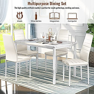 Lamerge Dining Table Set for 4, Marble Kitchen Table and Chairs for 4, Comfortable PU Leather Chairs,Dining RoomTable Set for Small Space,Living Room, Breakfast Nook,White+White