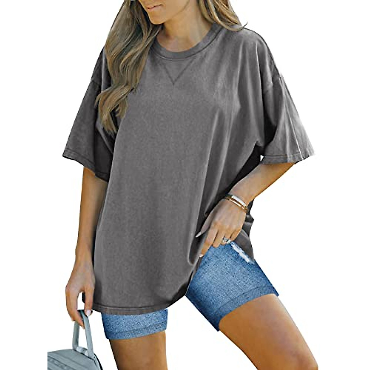 Dbtanjy Women's Short Sleeve Oversized T Shirts Crew Neck Casual Loose Summer Tops (V-Grey,Small,Small)