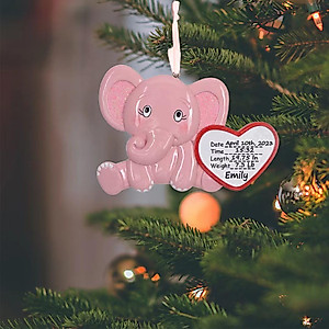 Personalized Pink Baby Elephant Christmas Ornament - Baby Birth Announcement Ornament - Baby's 1st Christmas Ornament - Baby Keepsake Gifts for Newborn Girl, New Mom, Baby Shower