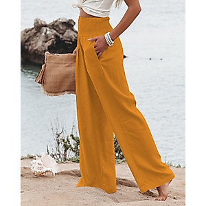 GLIENST Womens Cotton Linen Pants Elastic High Waist Wide Leg Pants Palazzo Lounge Smocked Casual Trousers with for Ladies Pockets One Piece Athletic Pants Deep Yellow XL
