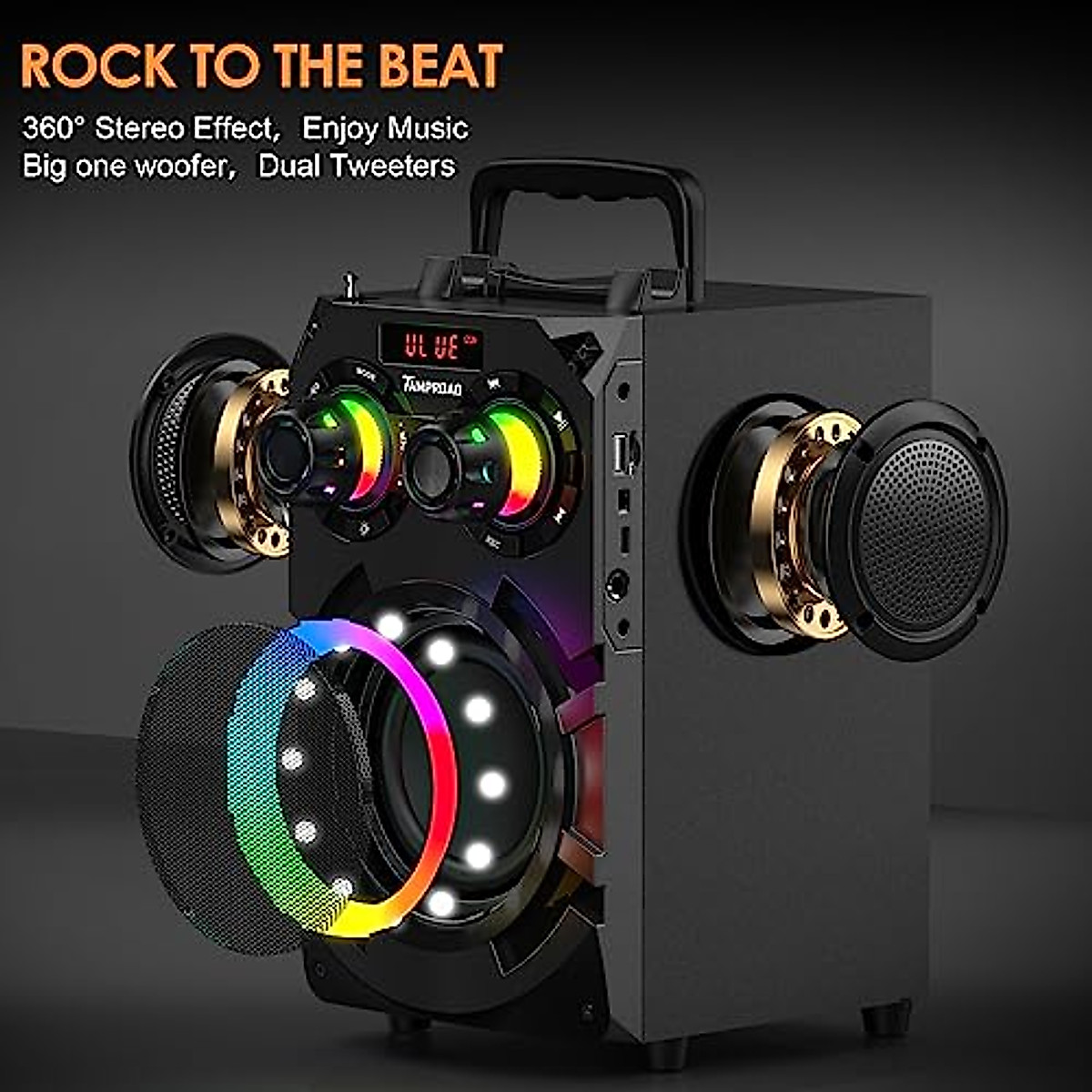 Portable Loud Bluetooth Speakers with Subwoofer, 80W Peak Powerful Large boombox Bluetooth Wireless with Stereo Sound, FM Radio, EQ, Remote, LED Lights, for Home Outdoor Party Holiday Birthday Gifts