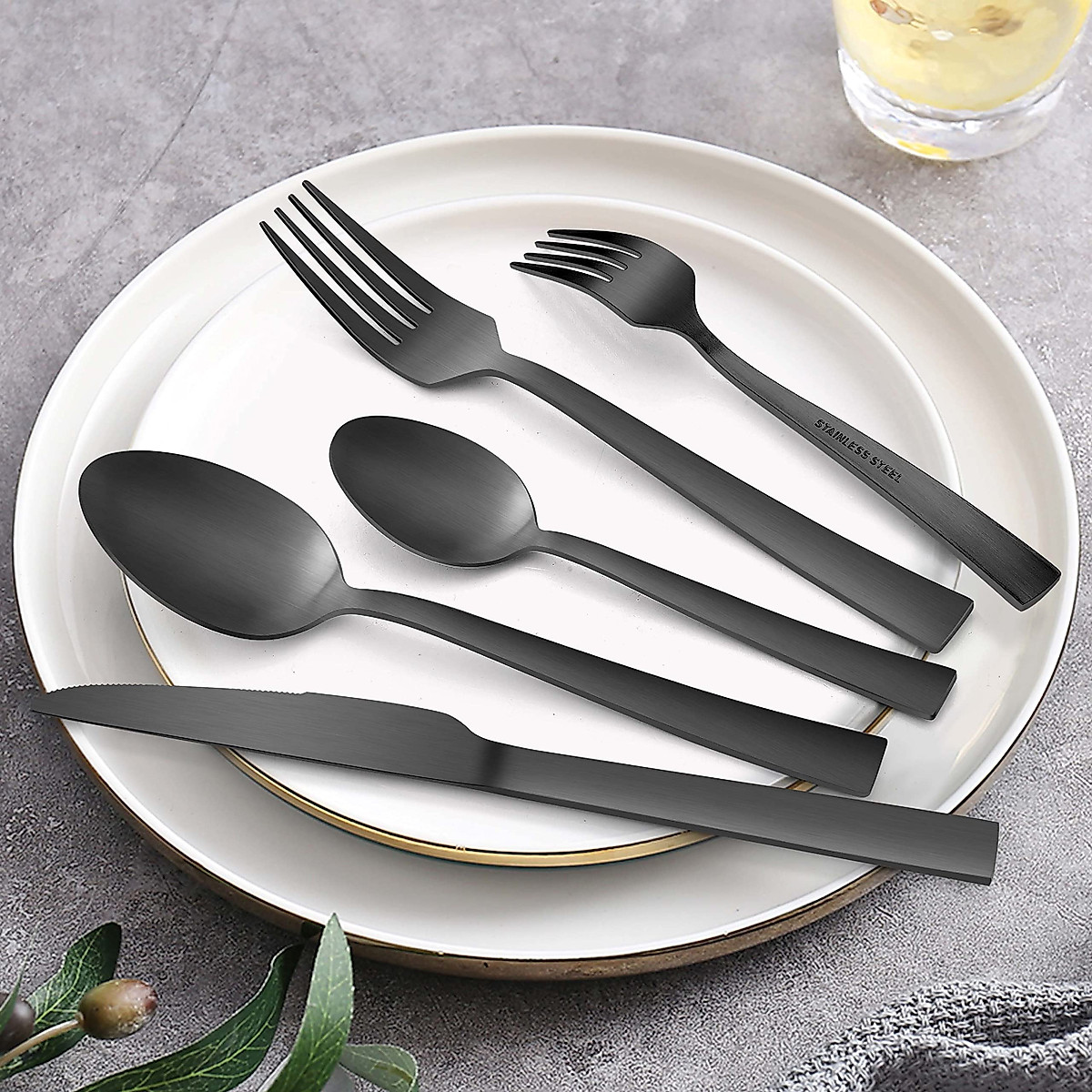 Homikit 20 Pieces Matte Black Silverware Set with Tray, Stainless Steel Flatware Cutlery for 4, Fancy Metal Eating Utensils Include Knife Forks Spoons, Nice Tableware for Home Party, Dishwasher Safe