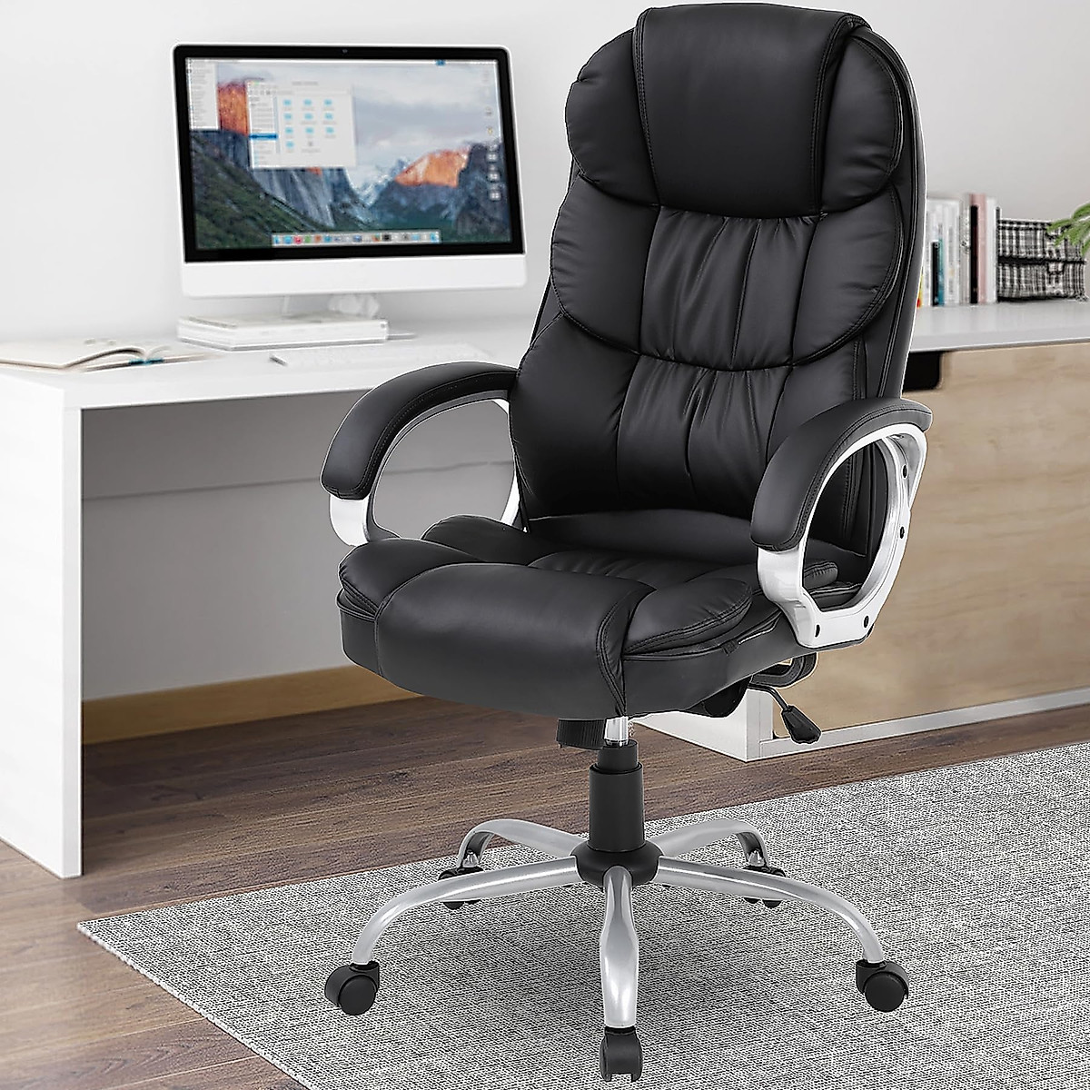 BLKMTY Office Chair Ergonomic Computer Chair PU Leather Chair High Back Desk Chair Adjustable Height Chair with Lumbar Support Executive Swivel Task Chair for Women, Black