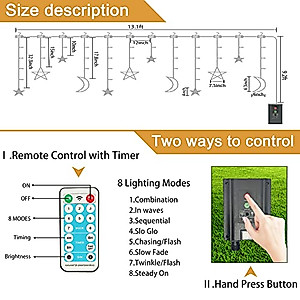 Solar Star Moon String Lights Outdoor with Remote 8 Modes Solar Curtain Lights Waterproof Fairy Lights Solar Powered Window LED Lights Timer Starry Lights for Garden Patio Yard Ramadan Decoration
