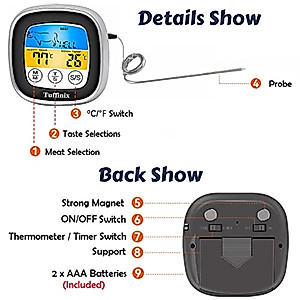 Digital Touchscreen Meat Food Thermometer - Tuffinix Instant Read Meat Thermometer 40in Probe Kitchen Cooking Thermometer with Timer Function Oven Safe for BBQ Frying Pan Smoker Cooking