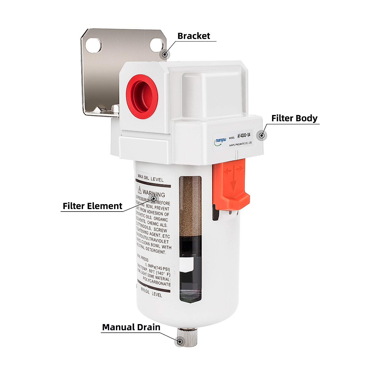 NANPU 1/2" NPT Compressed Air Line Filter, 5 Micron Brass Element, Bracket, Poly Bowl, 145 psi