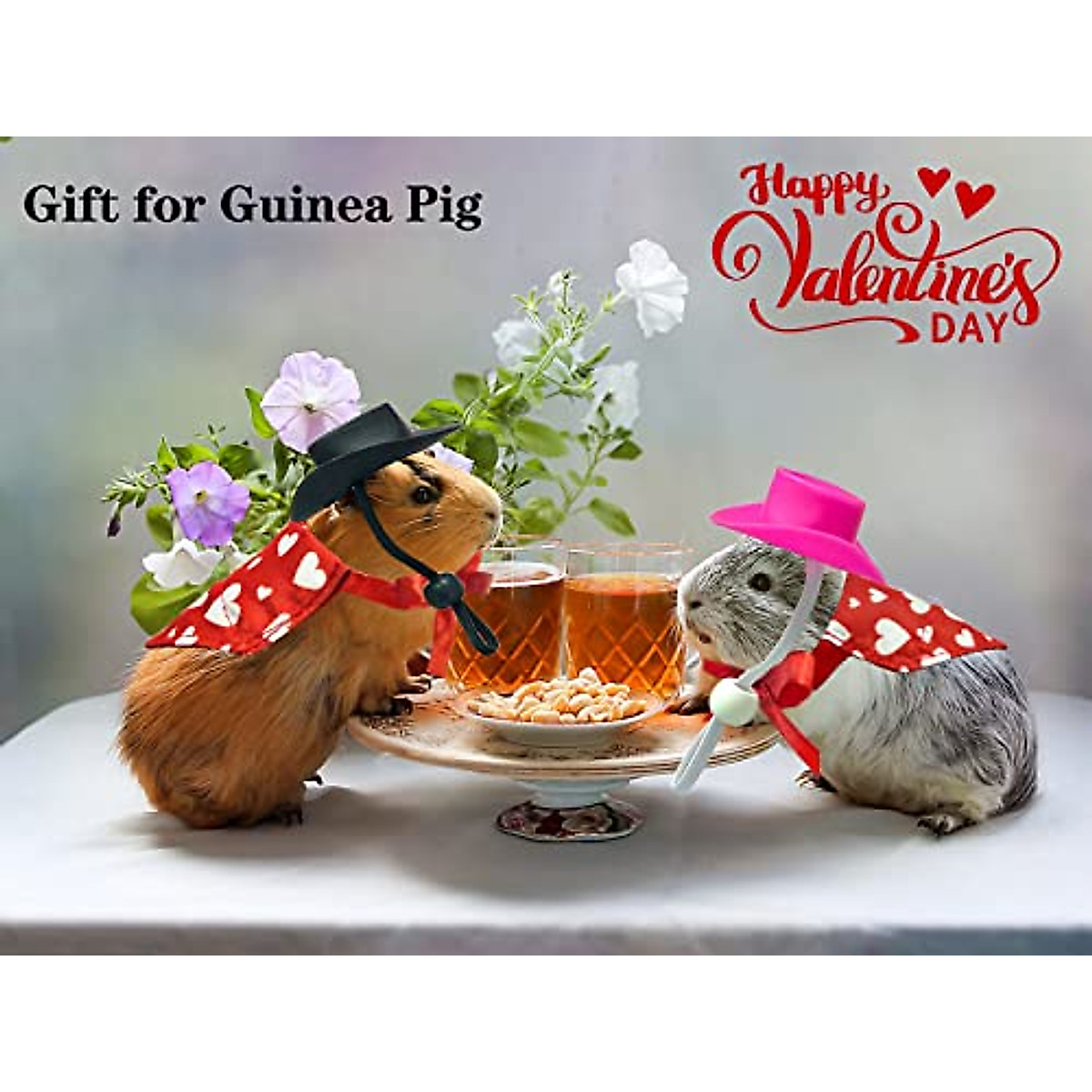 CooShou 4 Pcs Valentine's Day Guinea Pig Hat Bandana Outfits Hamster Hat Costume Small Animal Black Pink Hats Heart Bandanas Clothes Suitable for Rats Hamster Guinea Pig Lizard