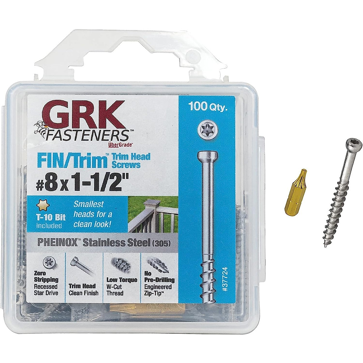 GRK 772691377241 8 x 1-1/2" 37724 FIN/Trim 305 Stainless Steel Finish Screws 100 Count, Color