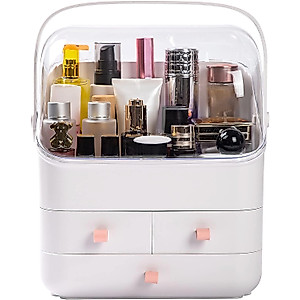 Haturi Makeup Organizer, Waterproof&Dustproof Cosmetic Organizer Box with Lid Fully Open Makeup Display Boxes, Skincare Organizers Makeup Caddy Holder for Bathroom, Dresser, Countertop Bedroom-White